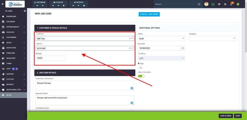 Create Job Card - Garage Invoice