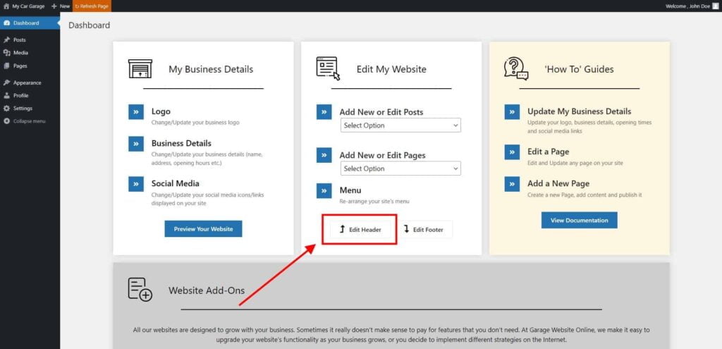 Editing a Site Header (Content & Design) - Garage Invoice