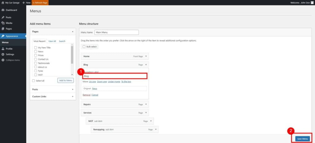 Menu - Editing the Site Navigation - Garage Invoice