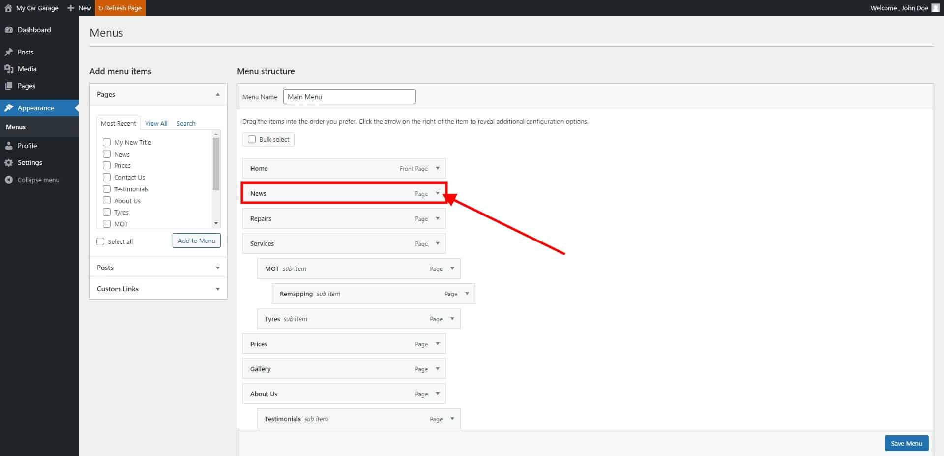 Menu - Editing the Site Navigation - Garage Invoice