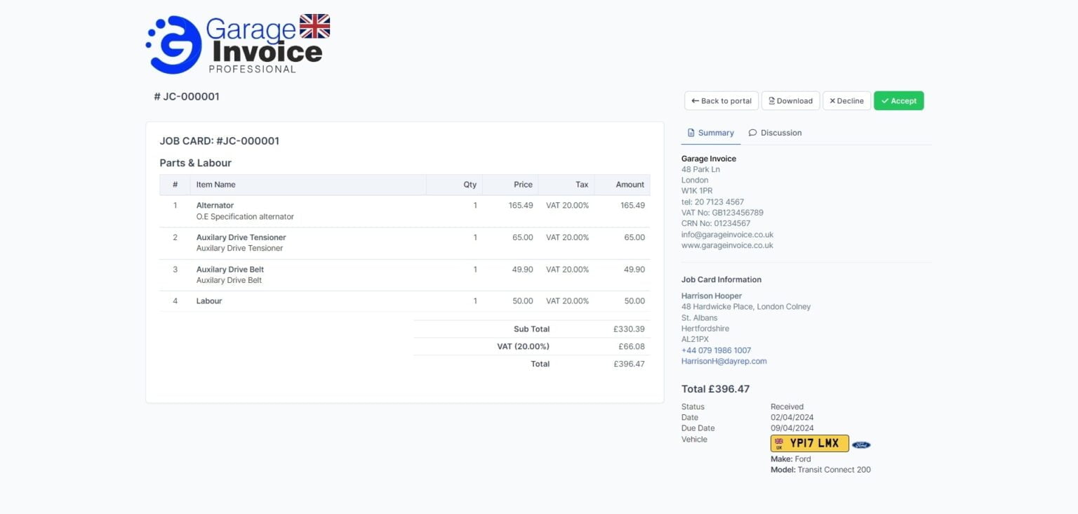 Job Card - Garage Invoice
