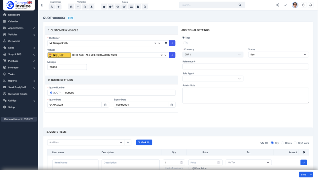 Customer Quote - Garage Management Software