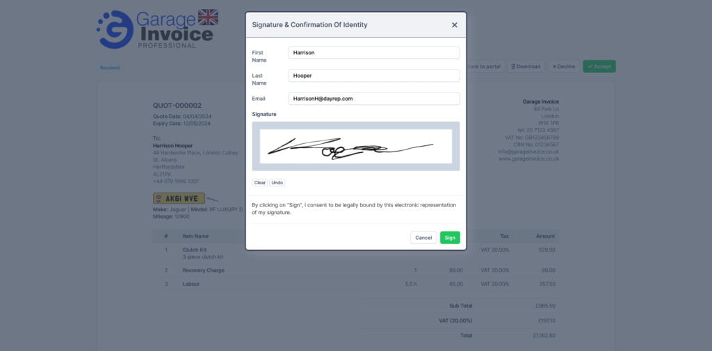 Customer Quote - Garage Management Software