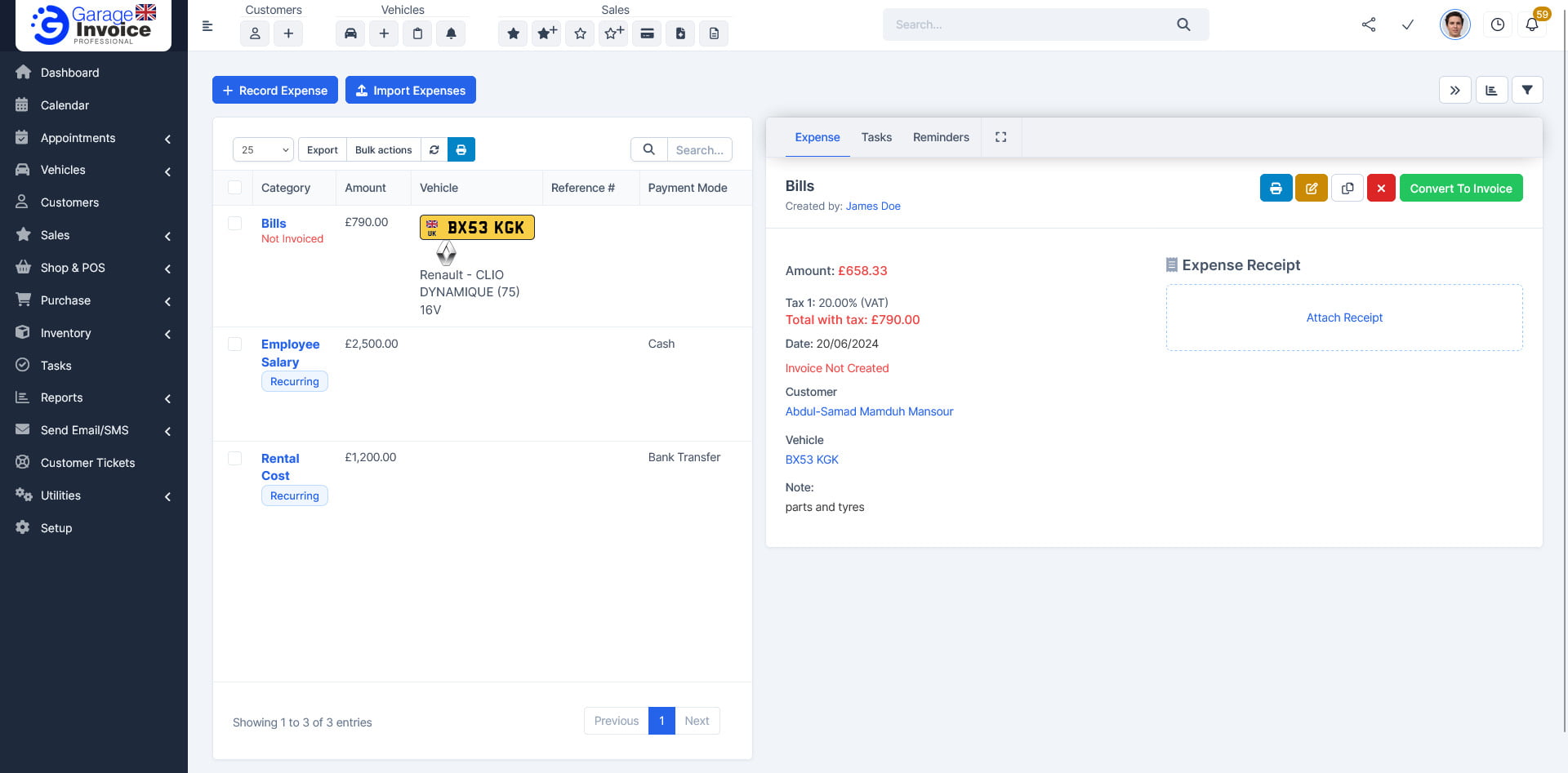 Expenses - Garage Invoice