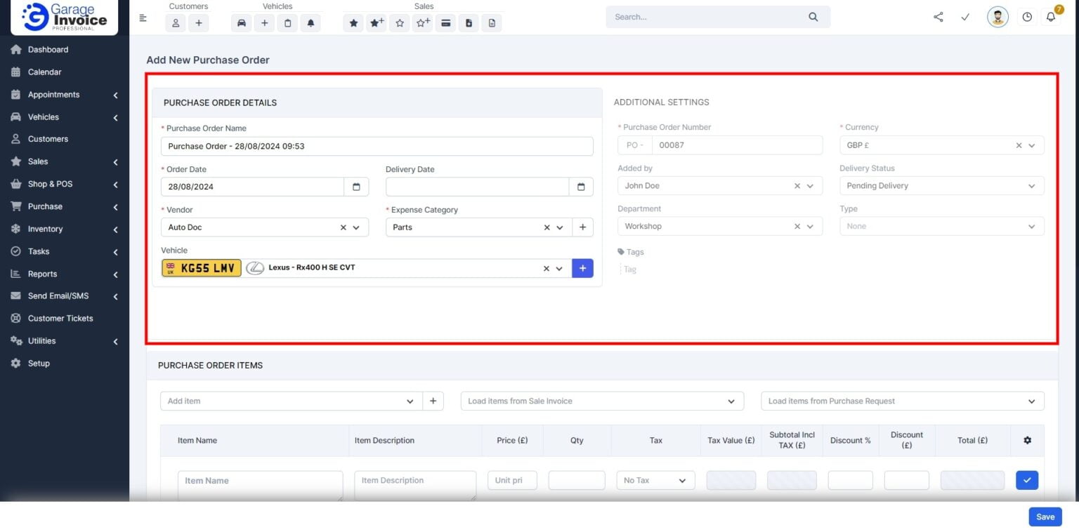 Create Purchase Order - Garage Invoice