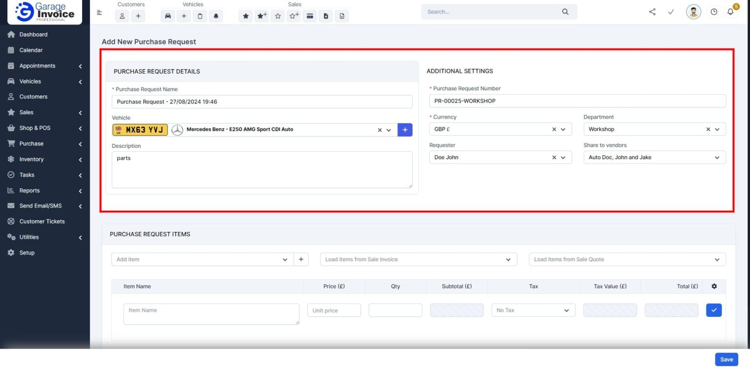 Create Purchase Request - Garage Invoice